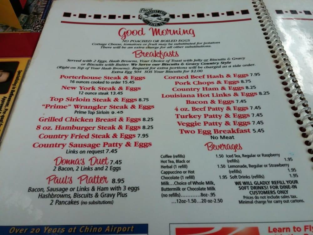 Menu at Flo's Airport Cafe, Chino