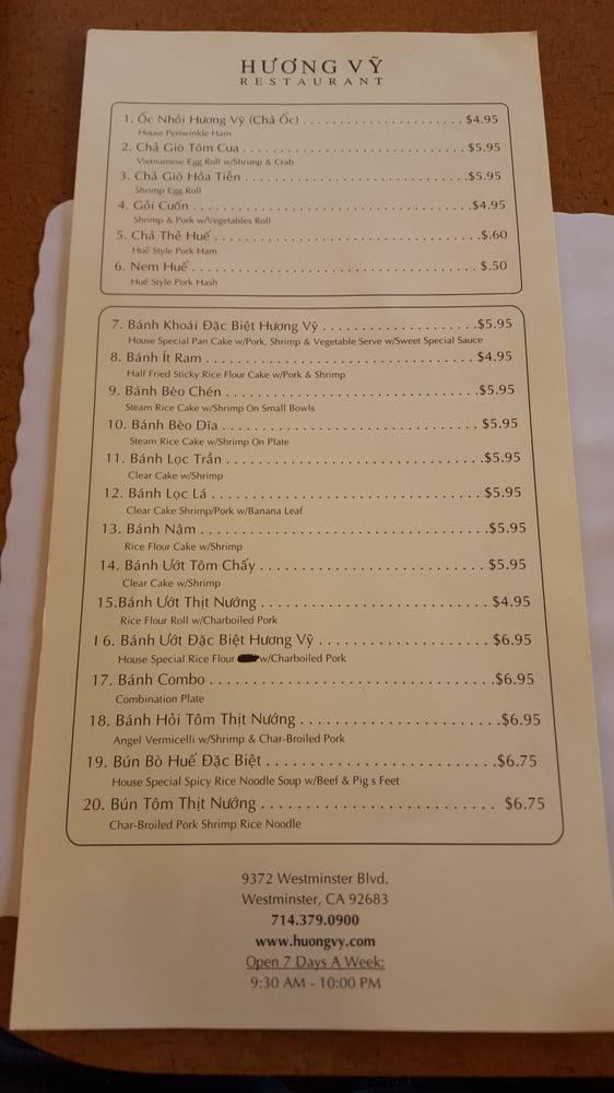 Menu at Huong Vy Restaurant, Westminster