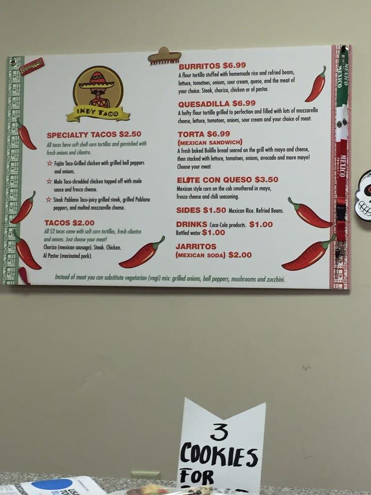 Menu at Indy Tacos restaurant, Indianapolis