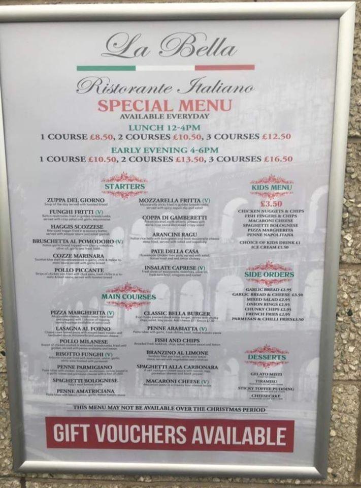 Menu at La Bella restaurant, Glasgow, 32 Ettrick Walk