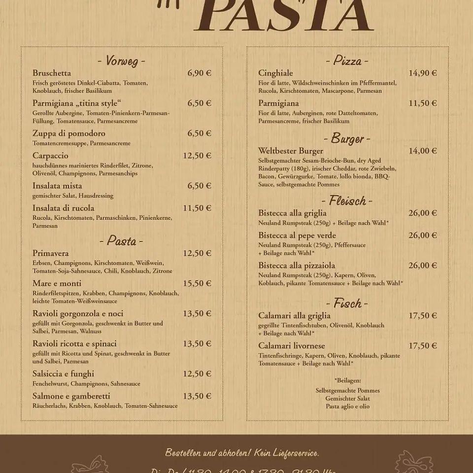 Menu at Mani in Pasta restaurant, Lüchow