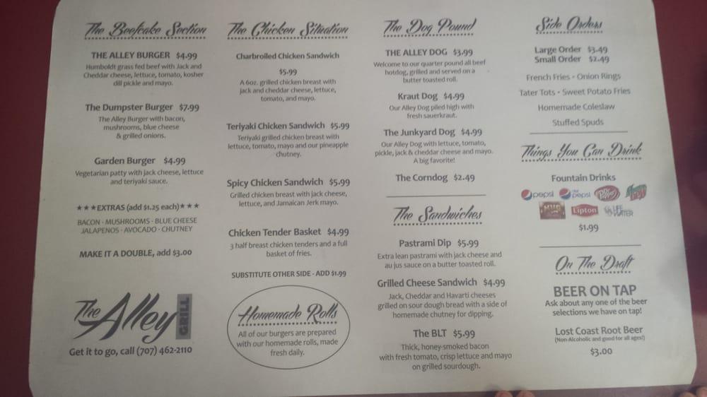 Menu at The Alley Grill restaurant, Ukiah