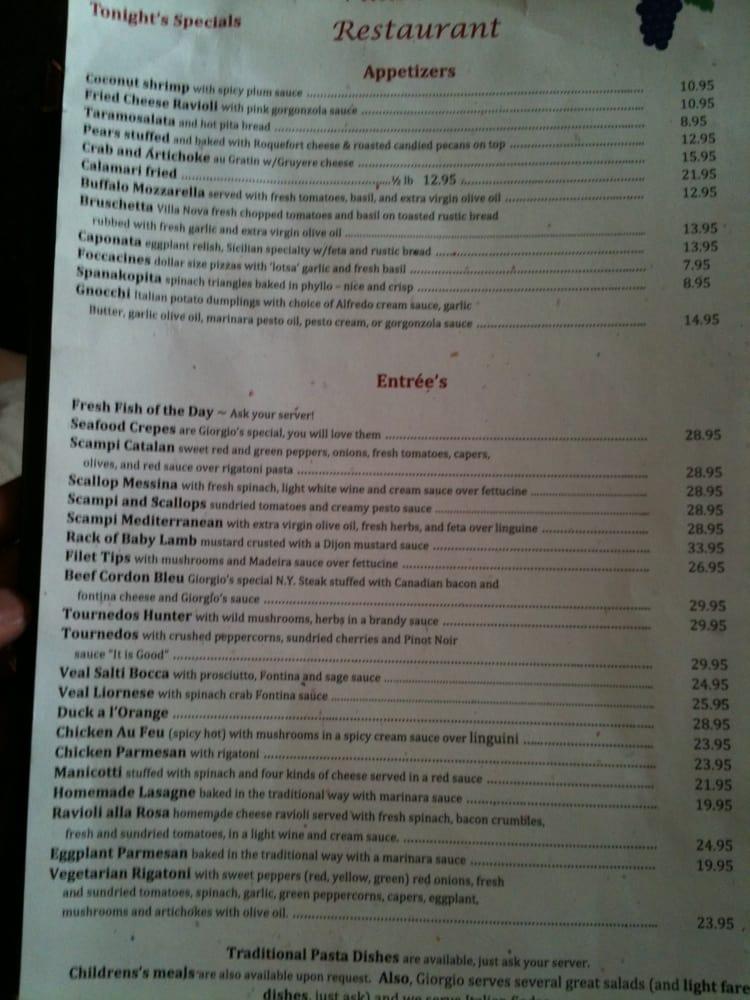 Menu at Villa Nova Restaurant, Anchorage