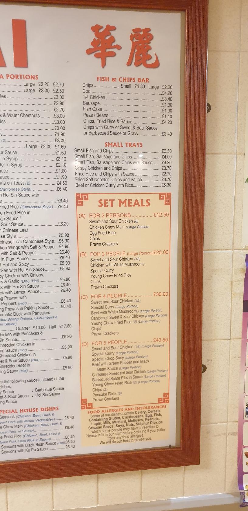 Menu at Wah Lai Chinese Takeaway restaurant, Much Wenlock