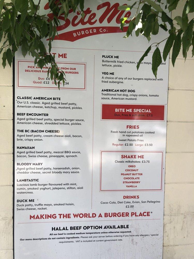 Menu at Bite Me Burger restaurant, London, 38 Kingsway