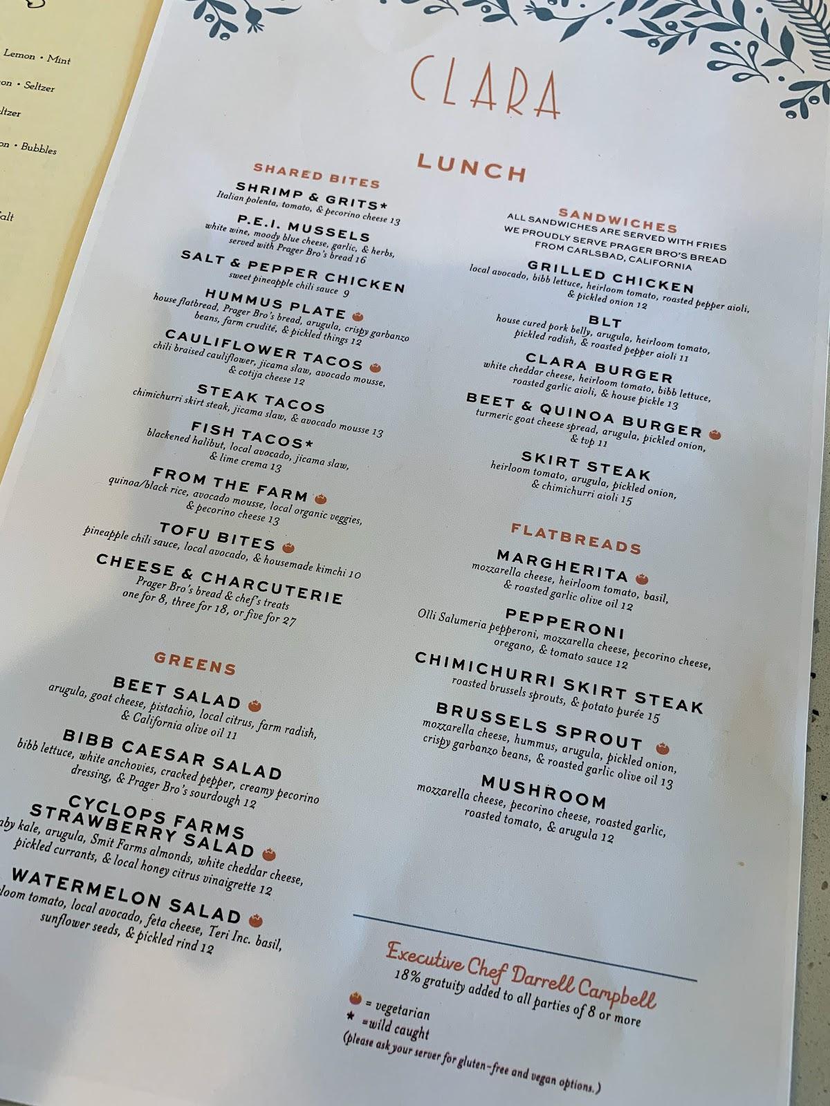 Menu at Clara Restaurant & Bar Carlsbad, Carlsbad