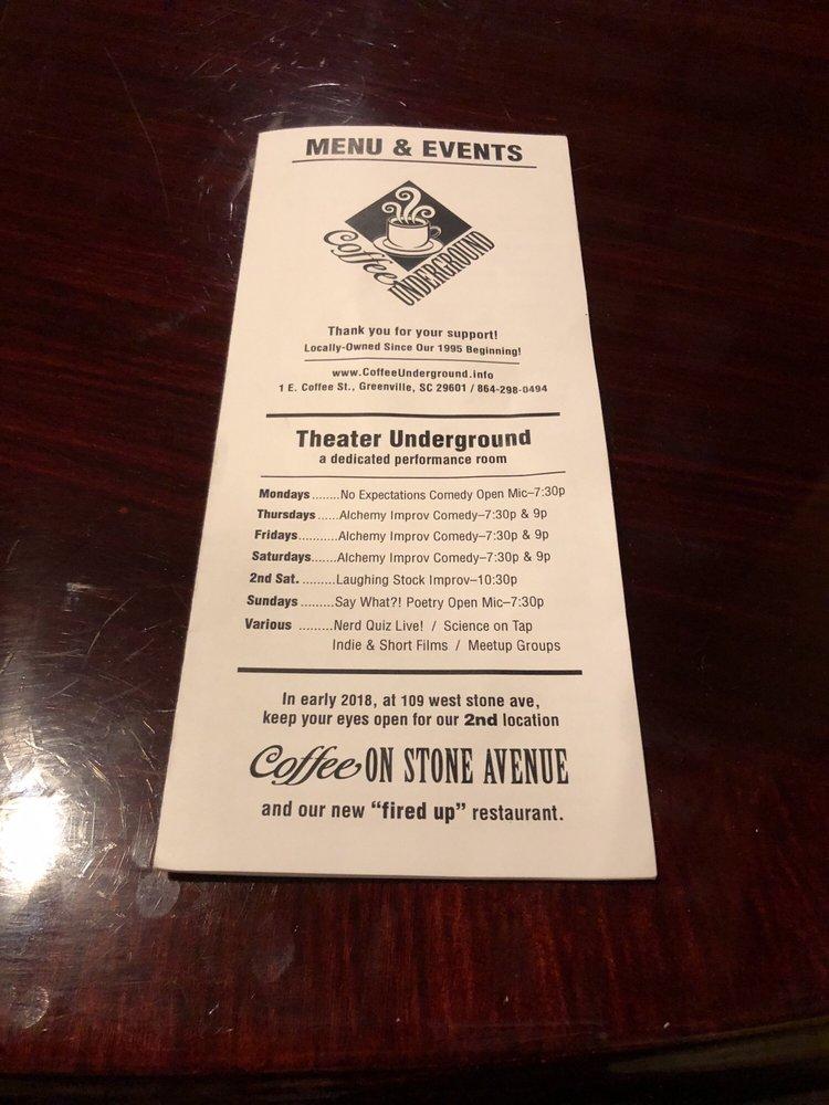 Menu at Coffee Underground cafe, Greenville, 1 E Coffee St