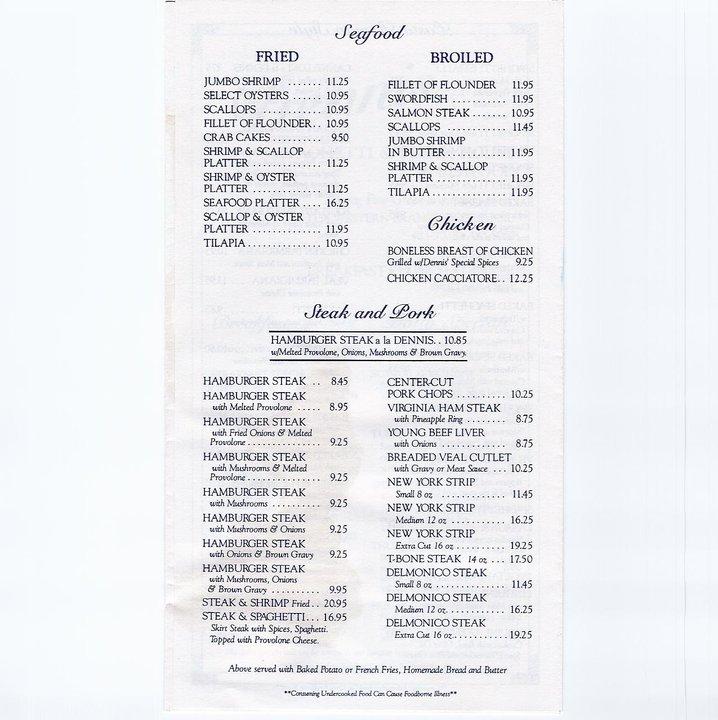 Menu at Dennis Spaghetti & Steak House steakhouse, Chesapeake