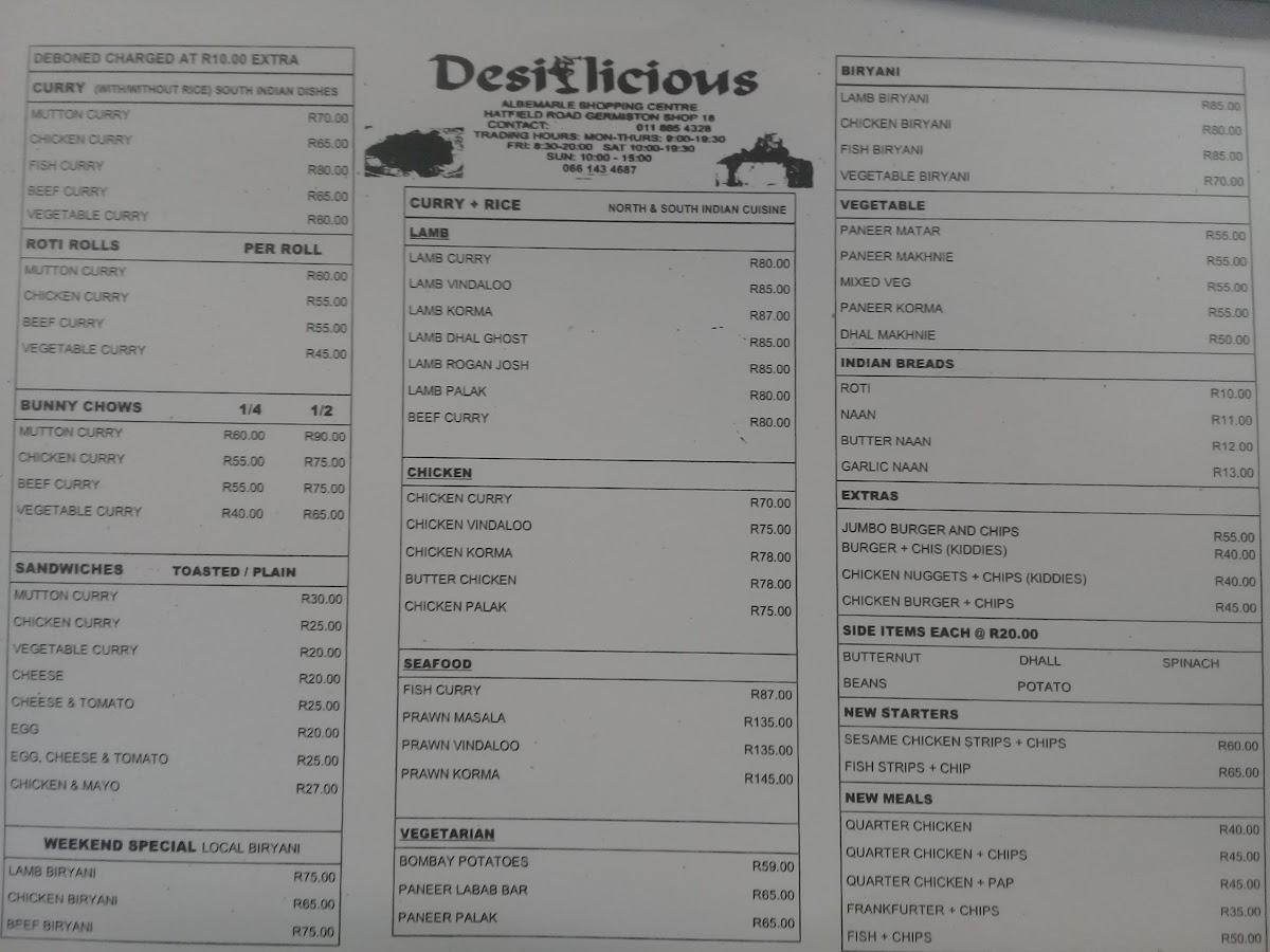 Speisekarte von Desilicious Takeaways restaurant, Alberton