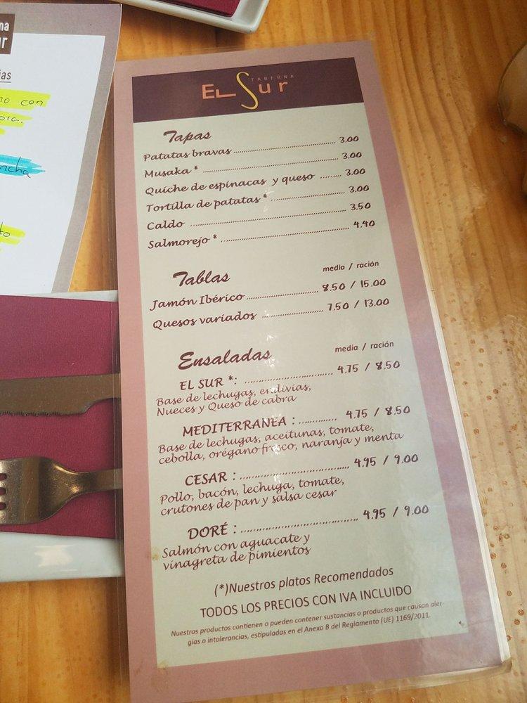 Menu at Taberna El Sur pub & bar, Madrid