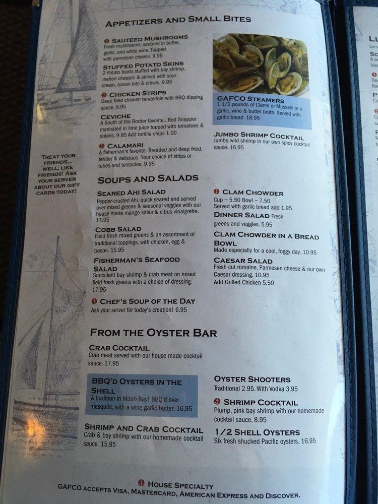 Menu at Great American Fish Company restaurant, Morro Bay