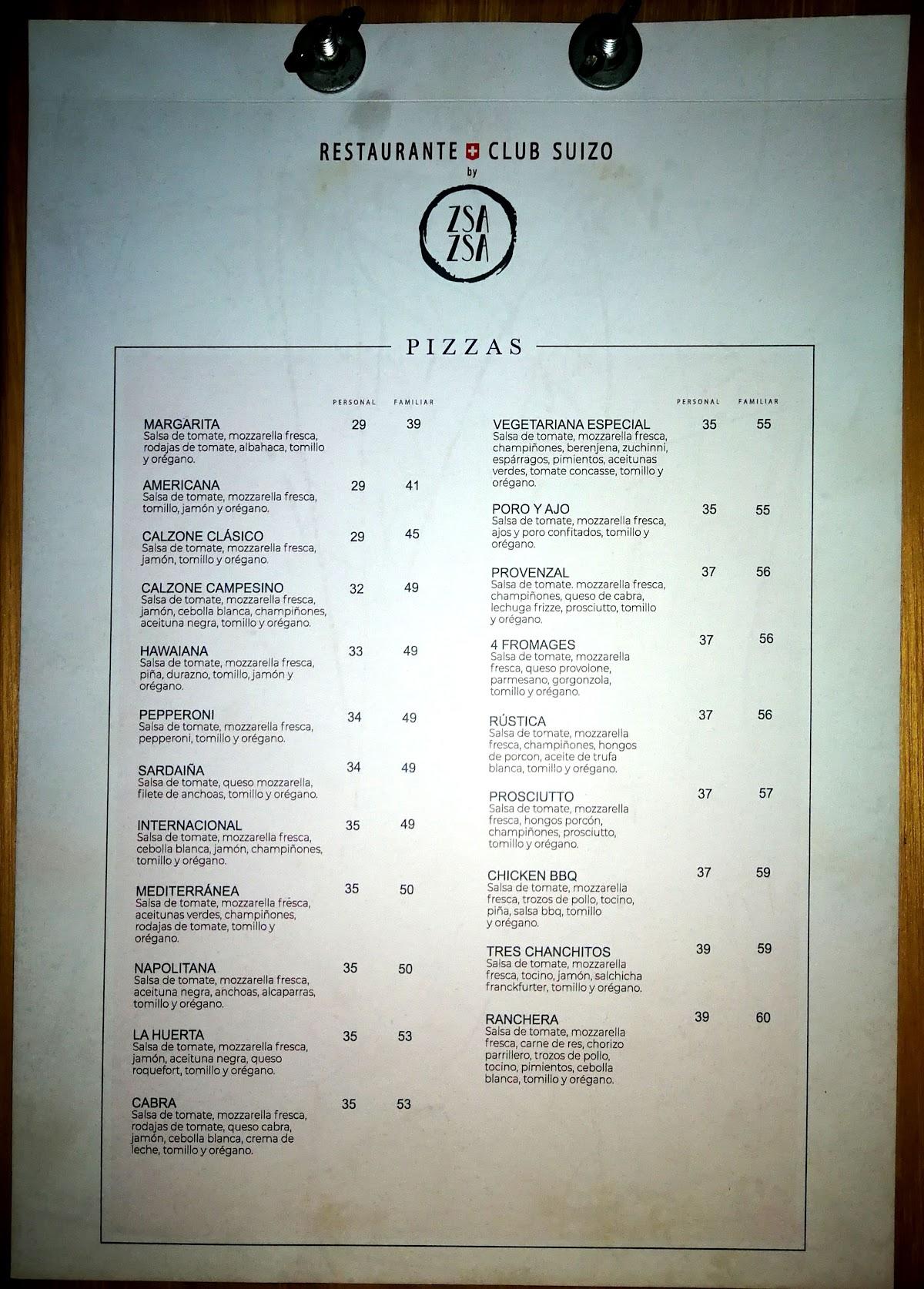 Carta de Restaurante Club Suizo By Zsa Zsa, Surquillo