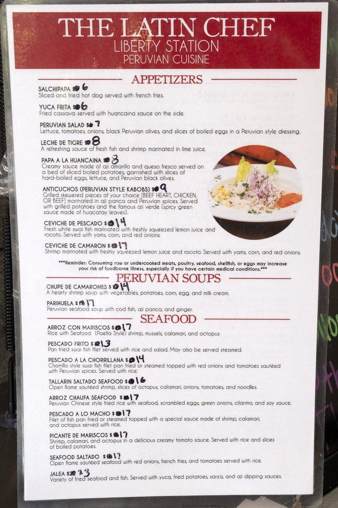 Menu at The Latin Chef Liberty Station restaurant, San Diego