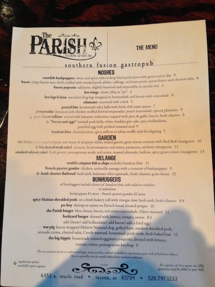 Menu at The Parish restaurant, Tucson