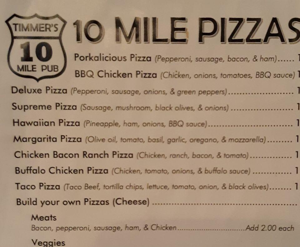 Menu at Timmer's 10 Mile Pub, La Crosse