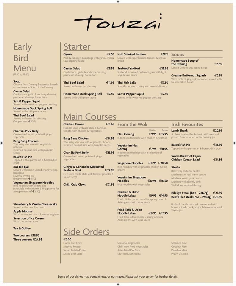Menu at Touzai restaurant, Dublin, Crowne Plaza Dublin Nortwood