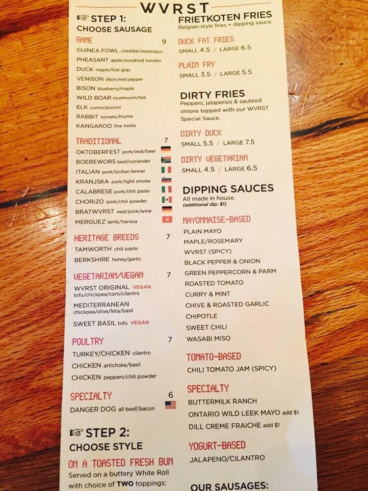 Menu at WVRST pub & bar, Toronto, 609 King St W