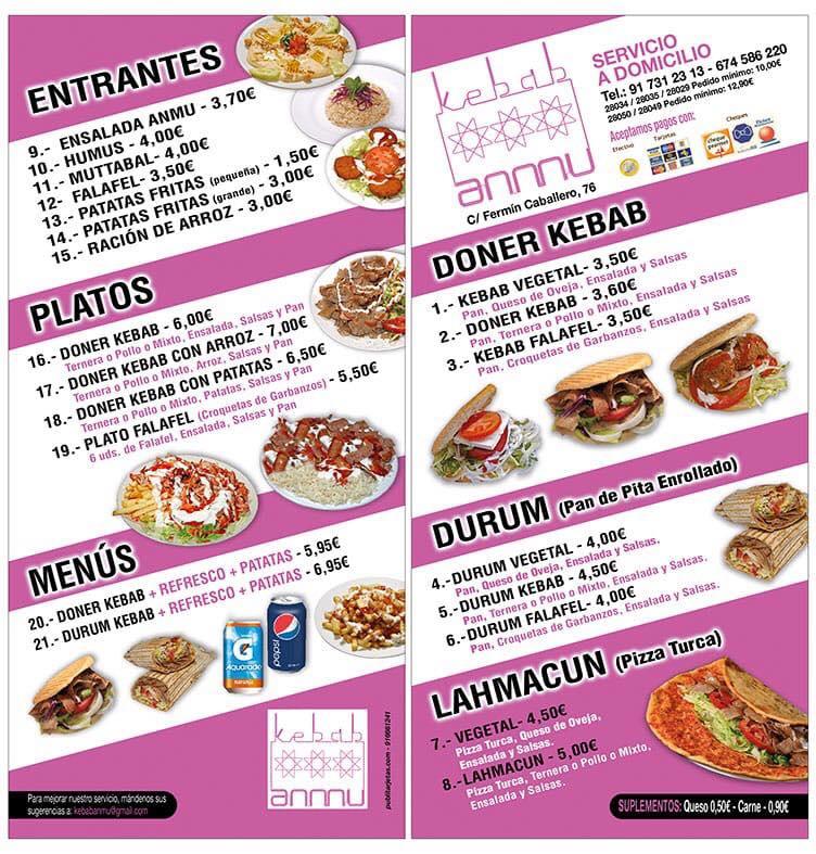 Menu at Anmu Kebab restaurant, Madrid