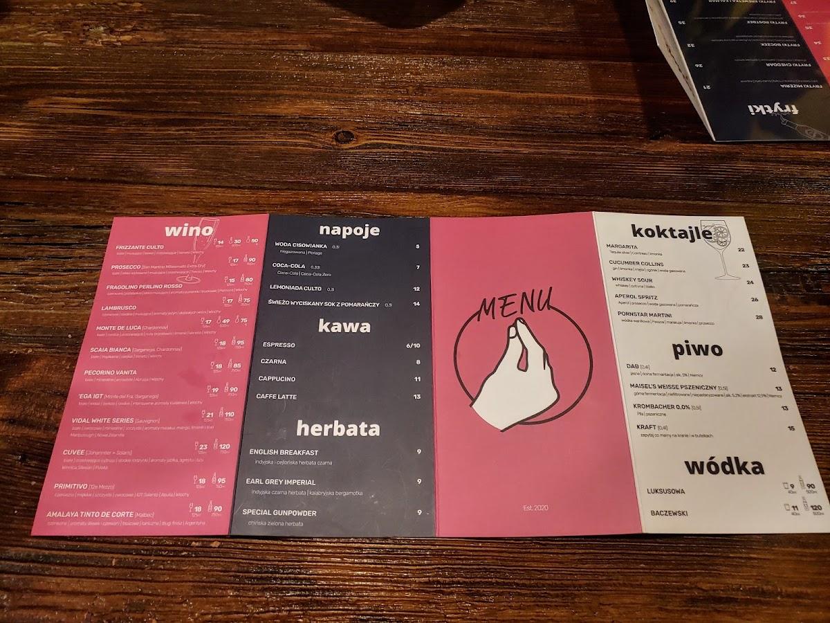 Menu at CULTO restaurant, Wrocław