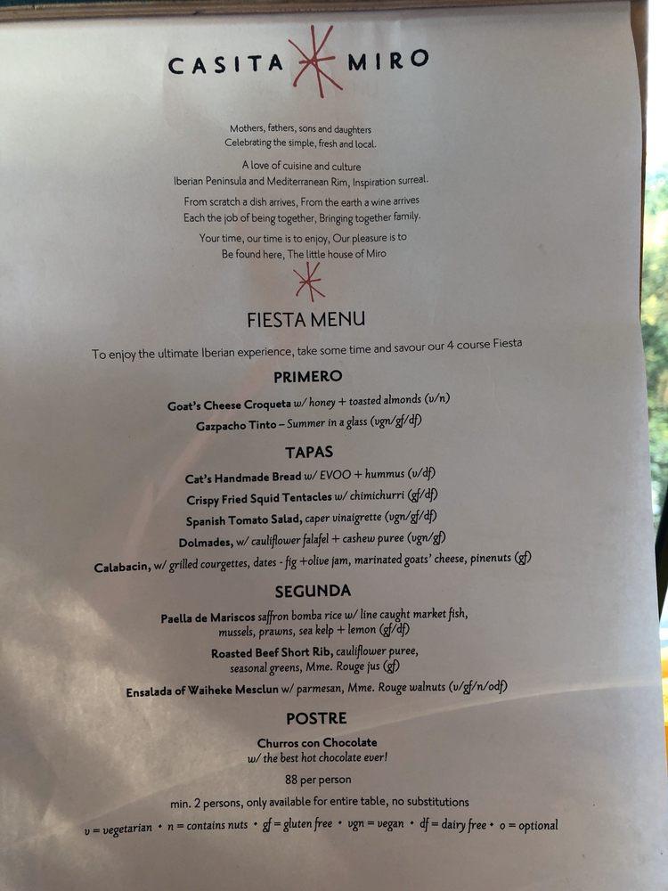 Menu at Casita Miro restaurant, Auckland