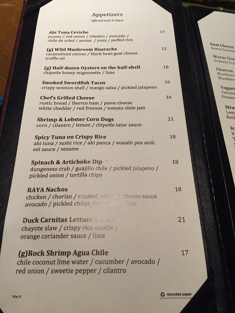Menu at RAYA restaurant, Dana Point