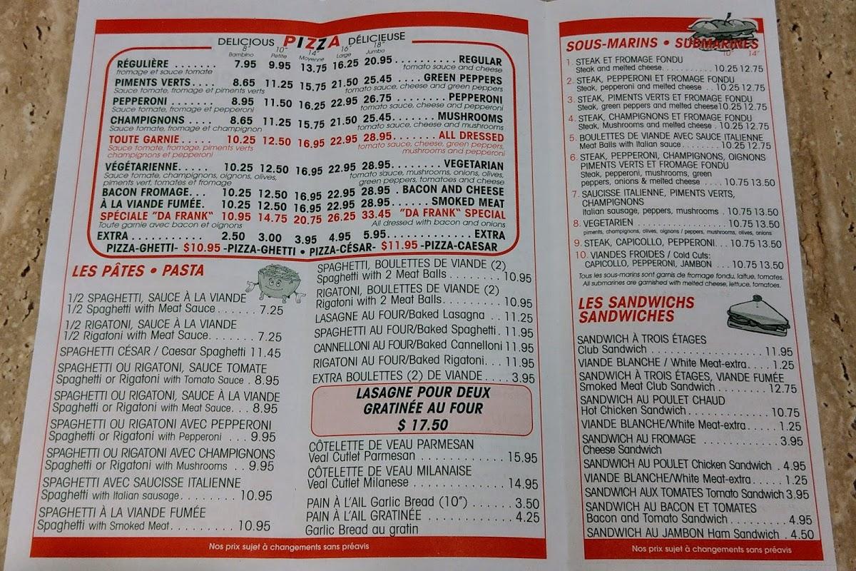 Menu au Restaurant Da Frank, Montreal