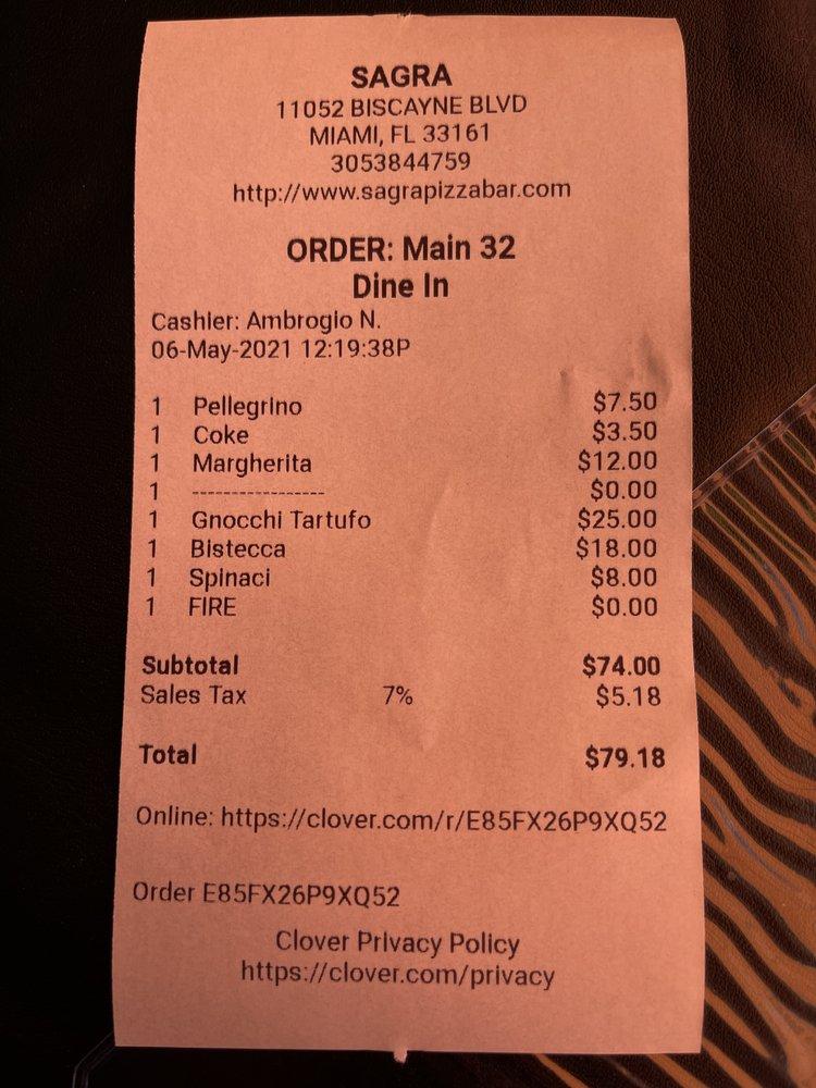 Menu at Sagra Pizza Bar, Miami