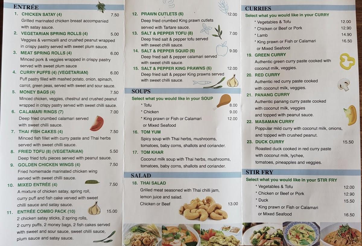 Menu at Ta Wan Thai restaurant, Waitara