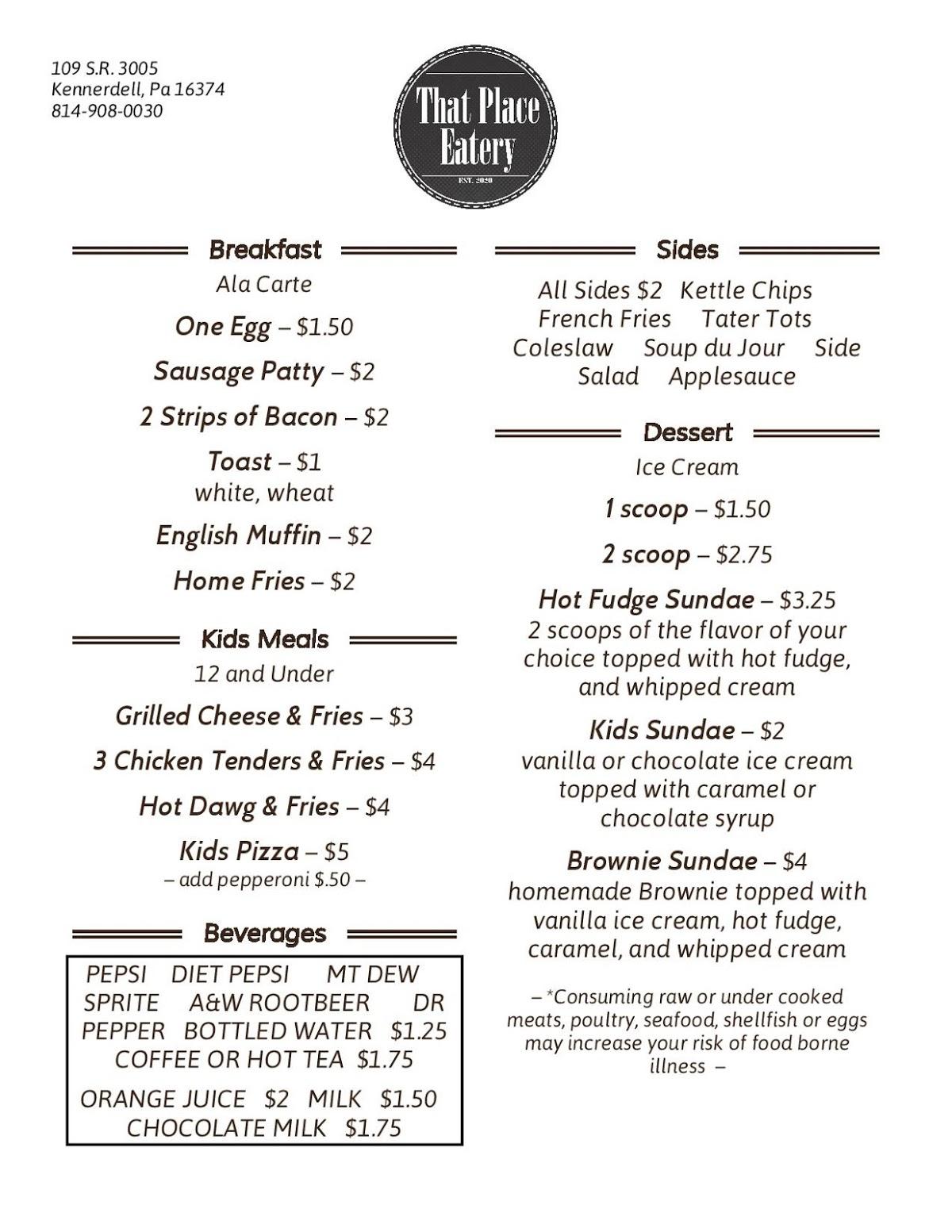 Menu at That Place Eatery restaurant, Clintonville
