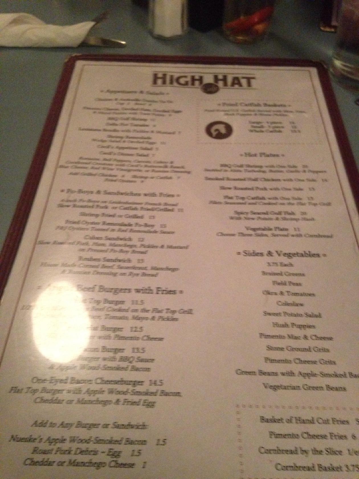 Menu at The High Hat Cafe, New Orleans