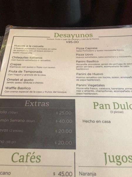 Carta del restaurante Basilico Altama, Tampico