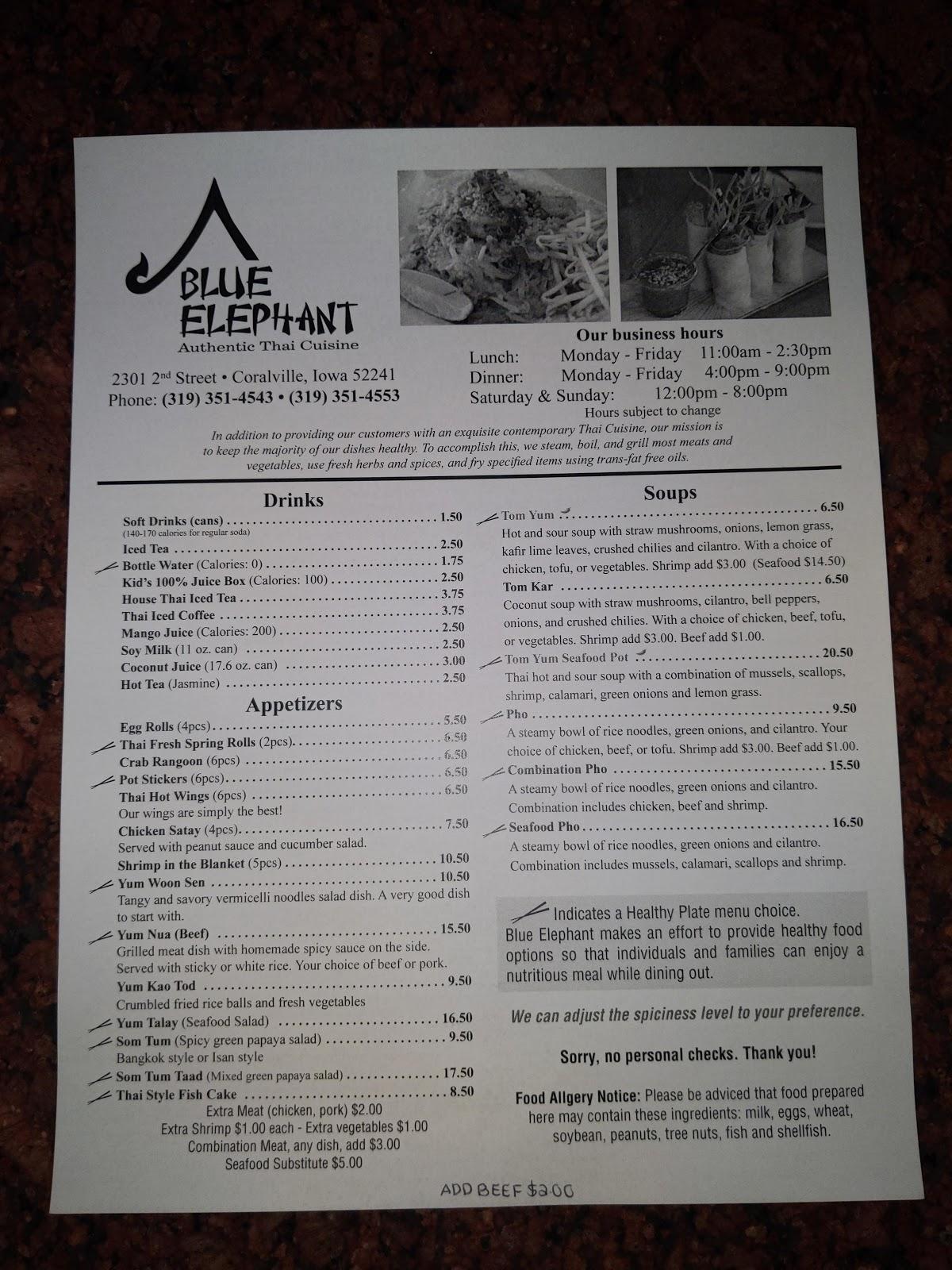 Menu at Blue Elephant Thai Restaurant, Coralville