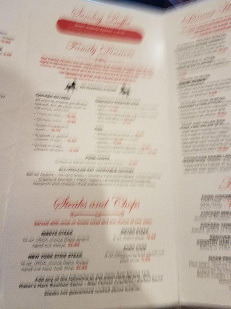 Menu at Claudia Sanders Dinner House restaurant, Shelbyville