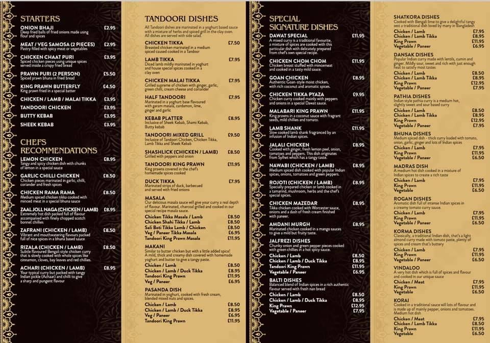 Menu at Dawat Indian Takeaway restaurant, Romsey