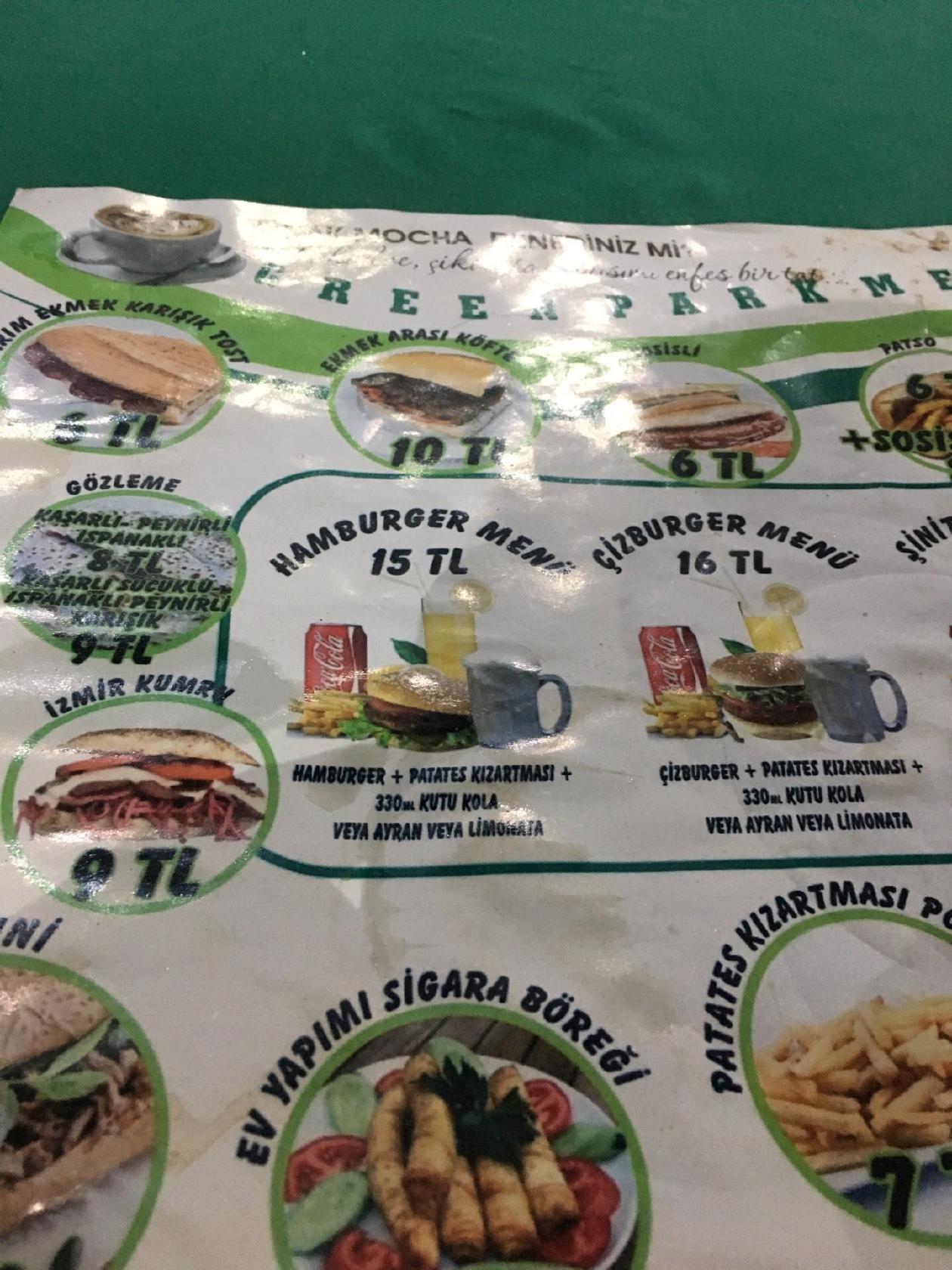 Menu at Green Park Beach, Şarköy