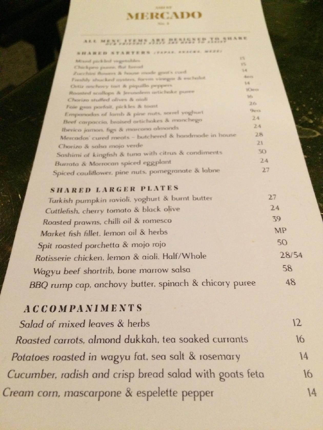 Menu at Mercado restaurant, Sydney