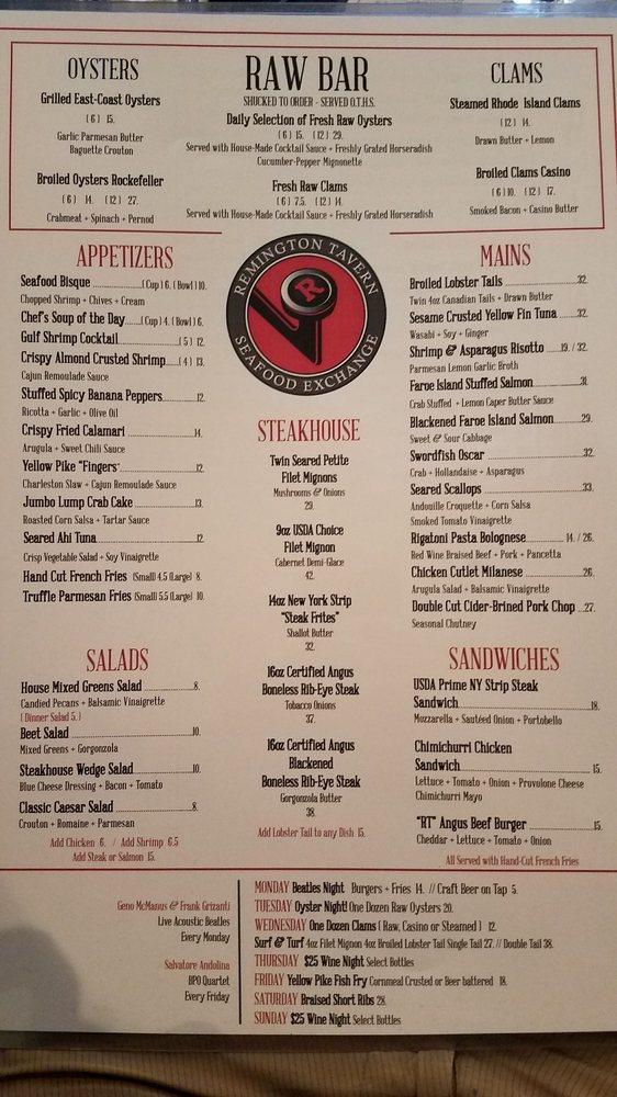 Menu at Remington Tavern and Seafood Exchange pub & bar, North Tonawanda