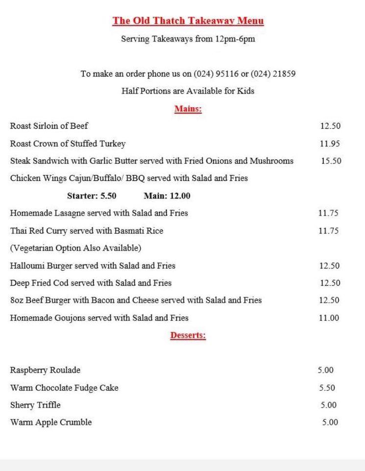 Carta de The Old Thatch Bar & Restaurant, Killeagh