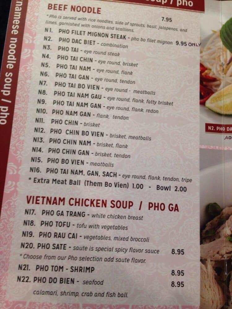Menu at VY's PHO restaurant, Watauga
