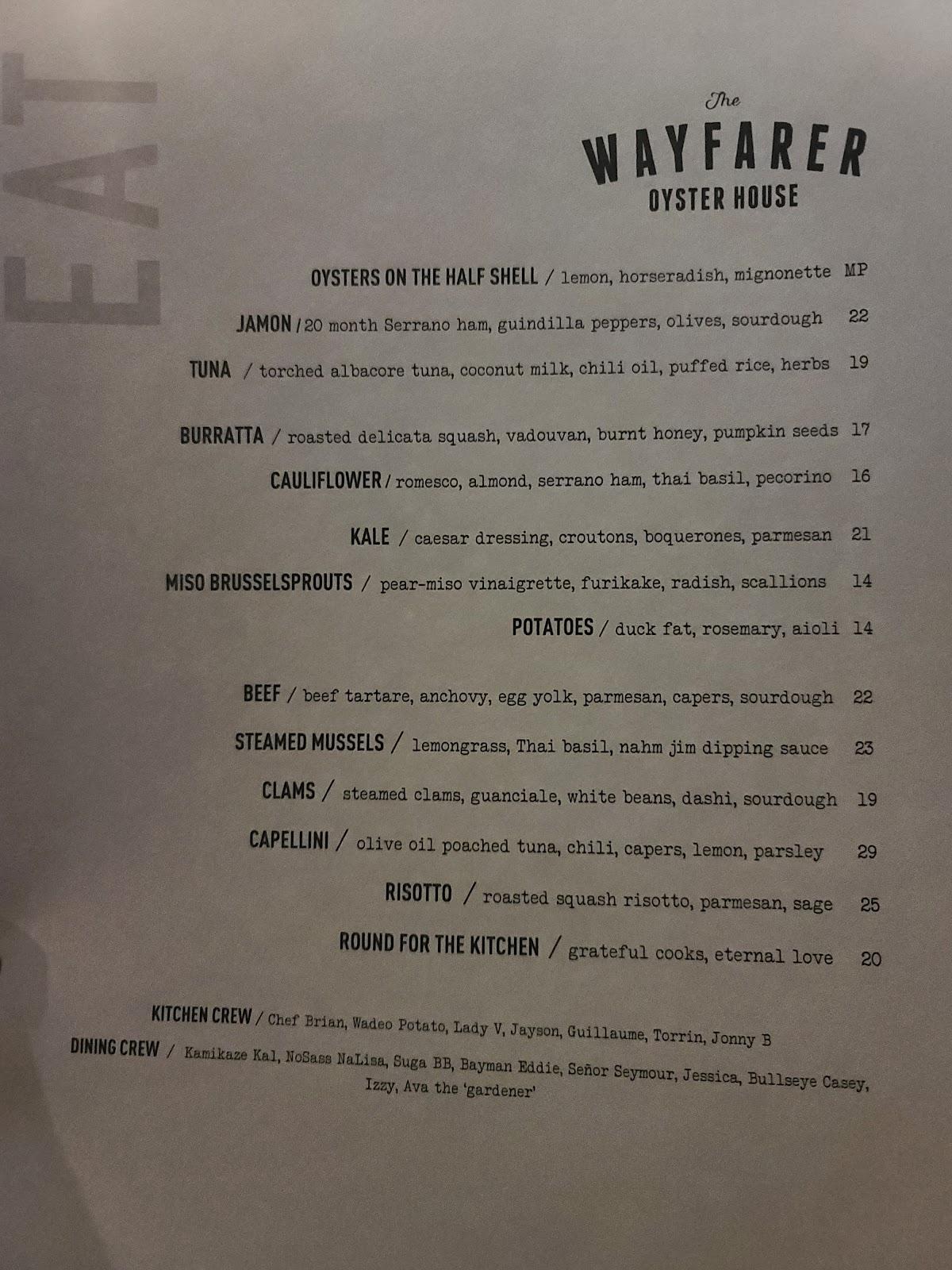 Menu at The Wayfarer Oyster and Seafood House restaurant, Whitehorse ...
