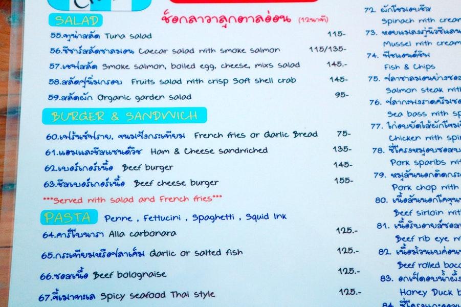 Menu at Chef Cha restaurant, Cha-am