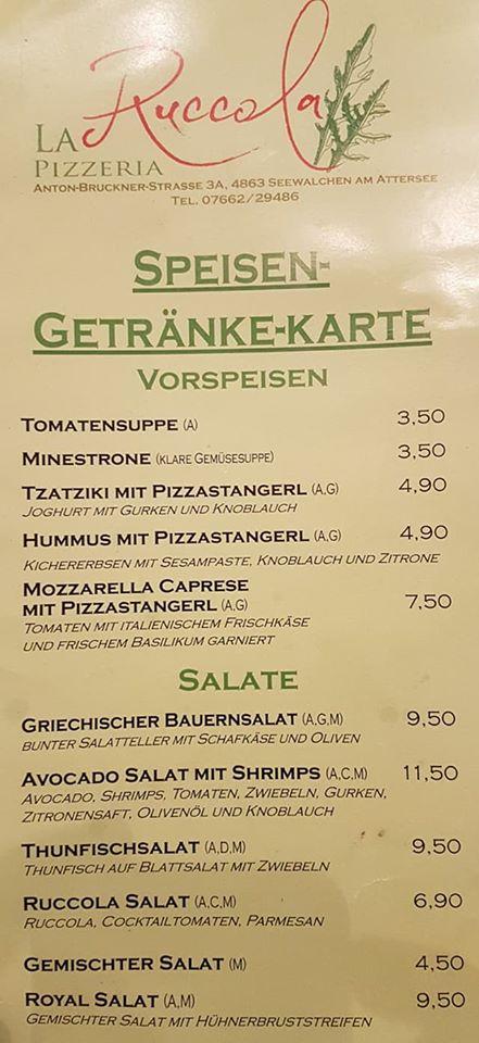 Menu at La Rucola restaurant, Seewalchen am Attersee