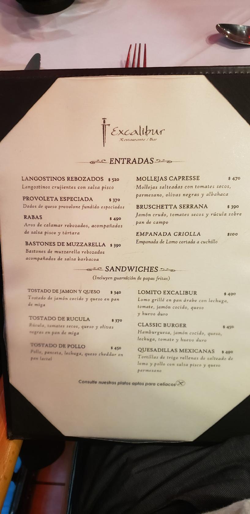 Carta del restaurante Excalibur, Rosario