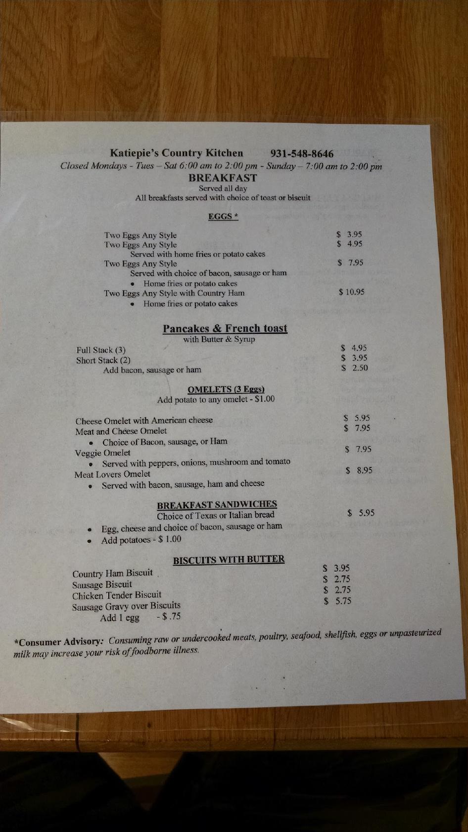 Menu at Katie Pie and Sons Country Kitchen restaurant, Columbia