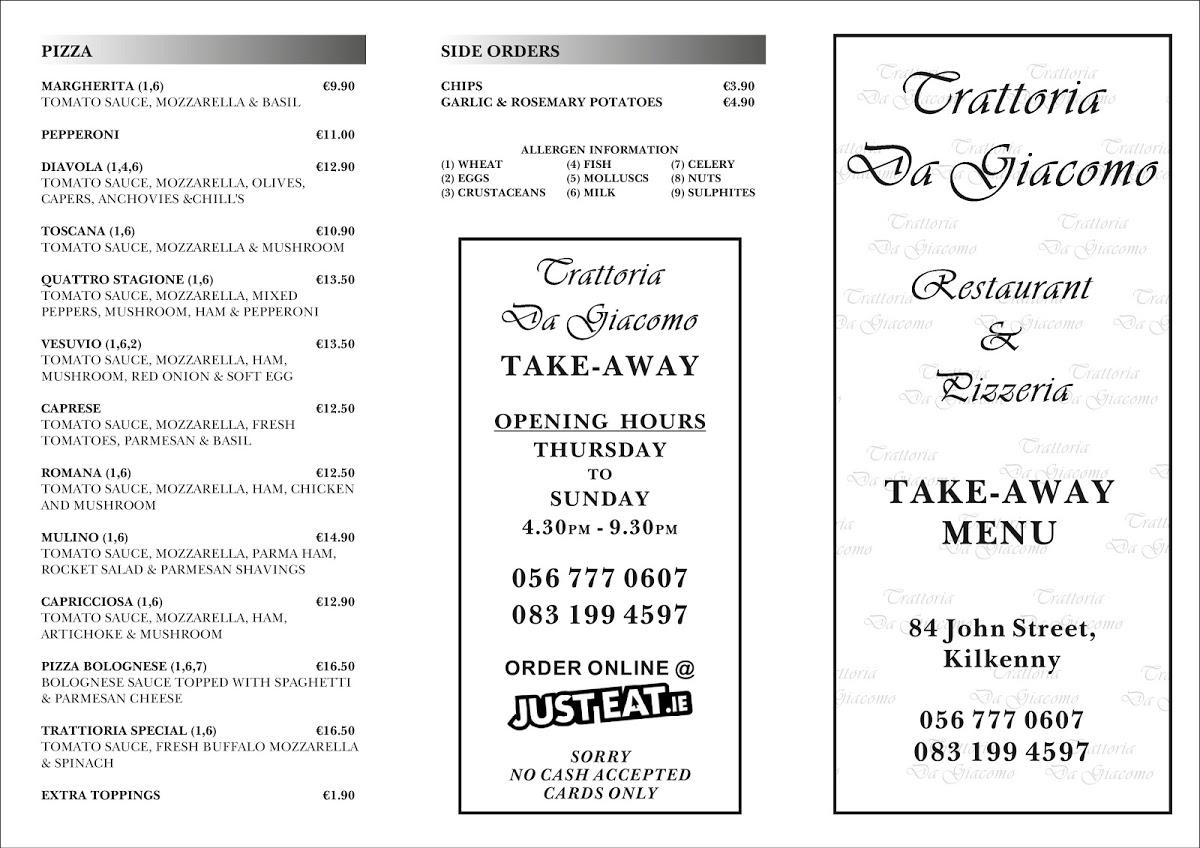 Menu at La Trattoria restaurant, Kilkenny