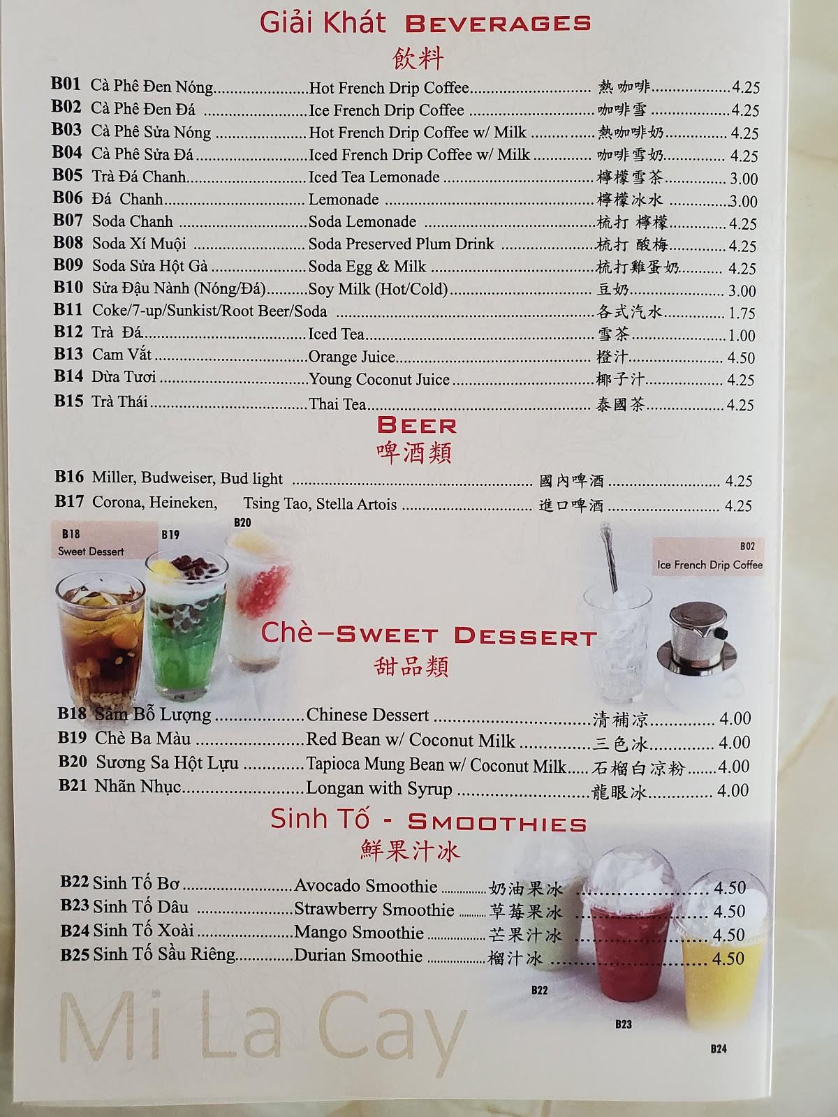 Menu at Mi La Cay Restaurant, San Jose
