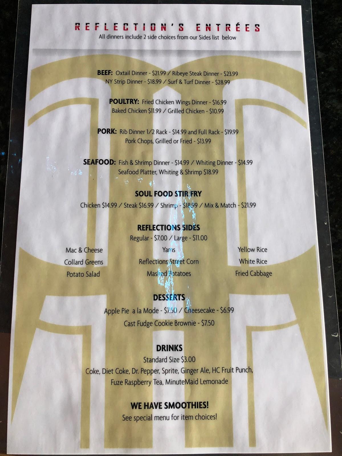 Menu at Reflection (soul food) restaurant, Uniontown