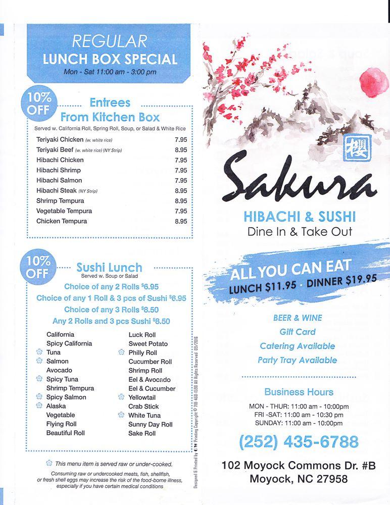 Menu at Sakura restaurant, Moyock