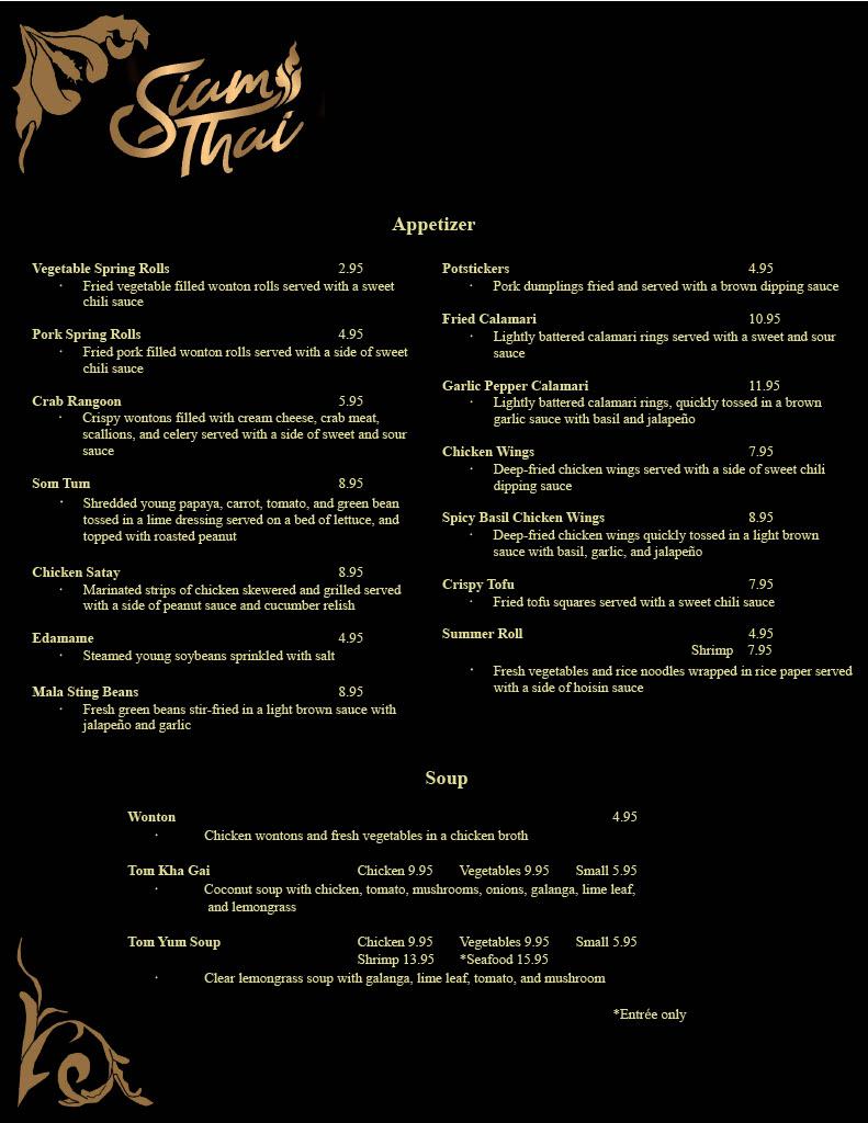 Menu at Siam Thai restaurant, Athens