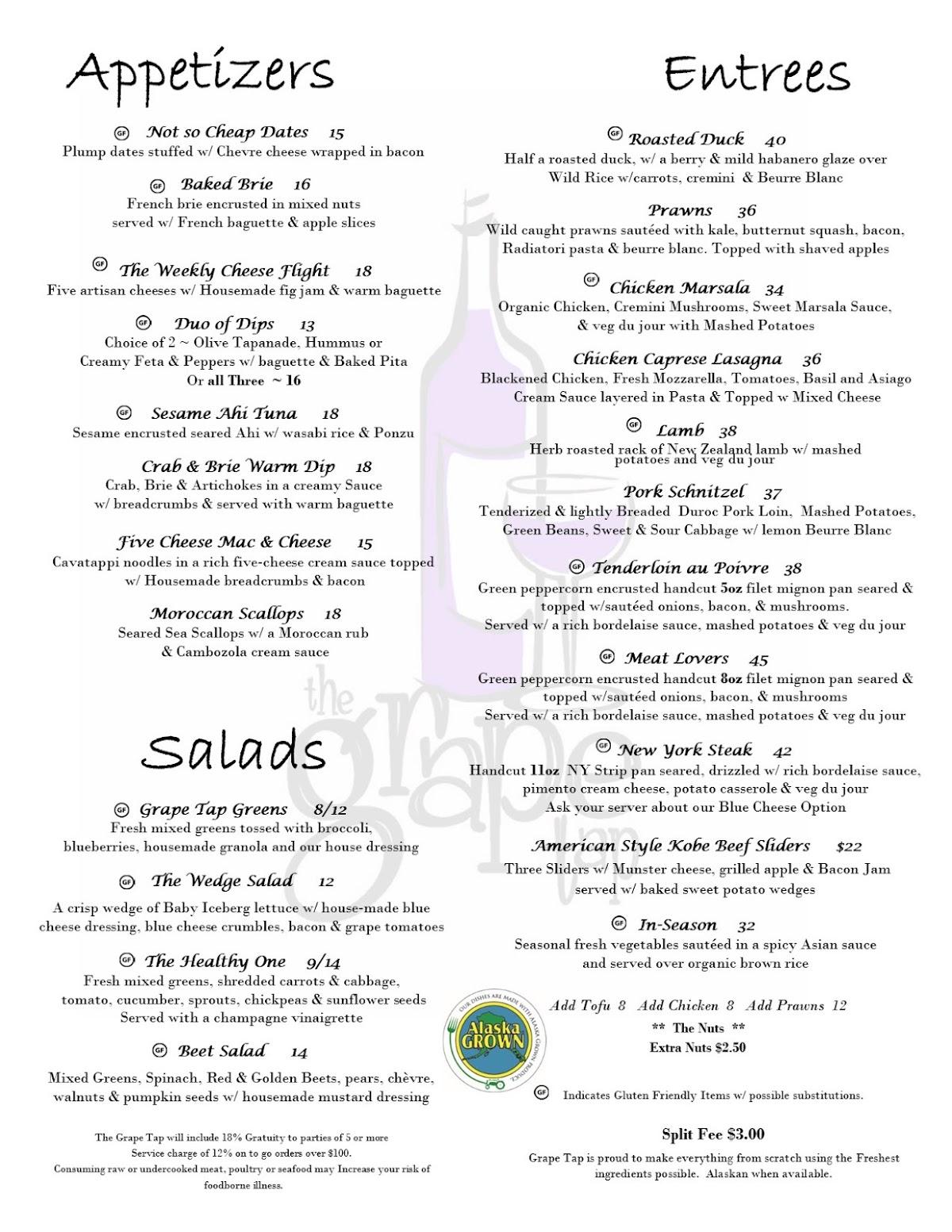 Menu at The Grape Tap restaurant, Wasilla